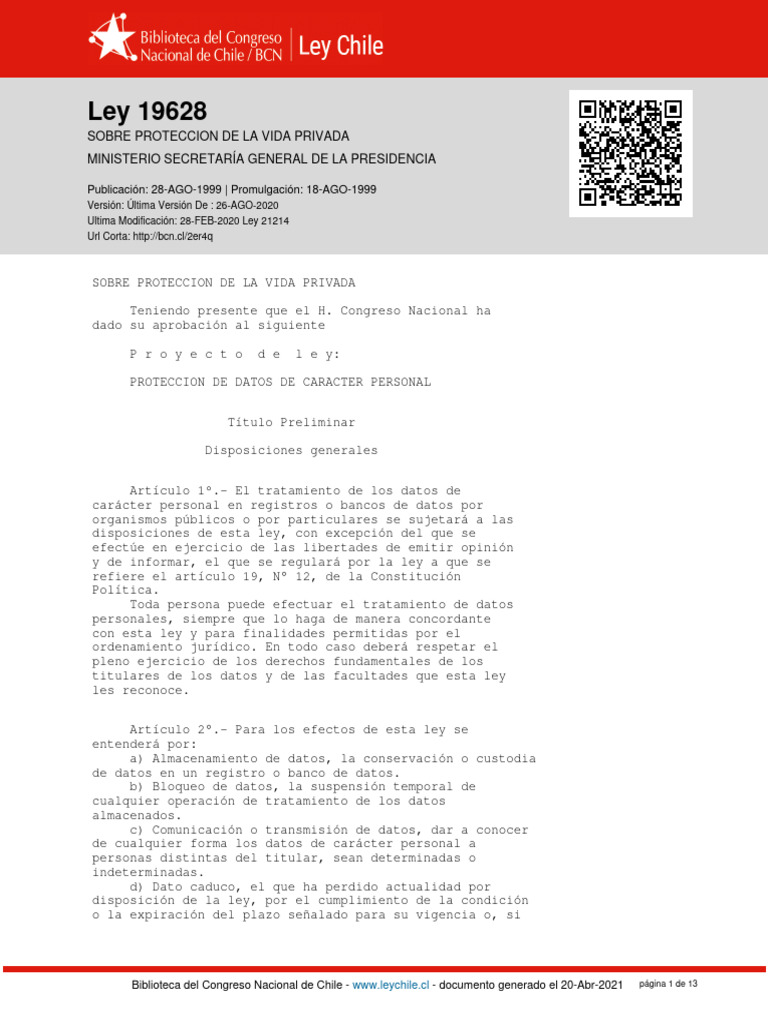 Ley-19628 - Proteccion Vida Privada | PDF | Pagos | Deuda