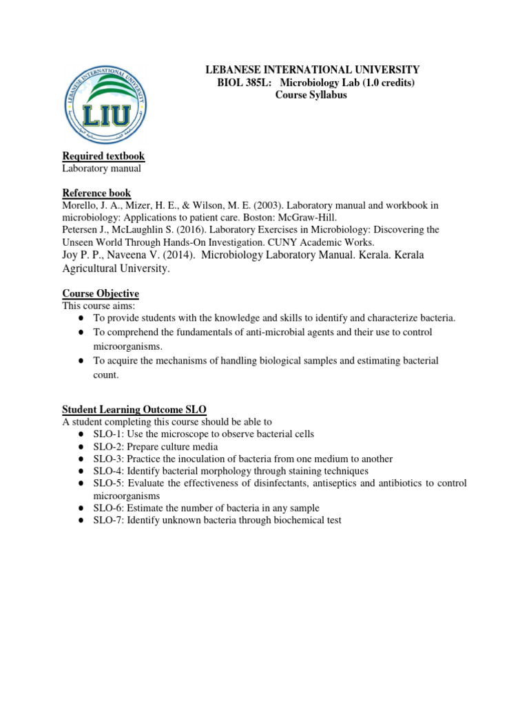 Microbiology Lab Syllabus - BIOL 385L | PDF | Laboratory Techniques ...