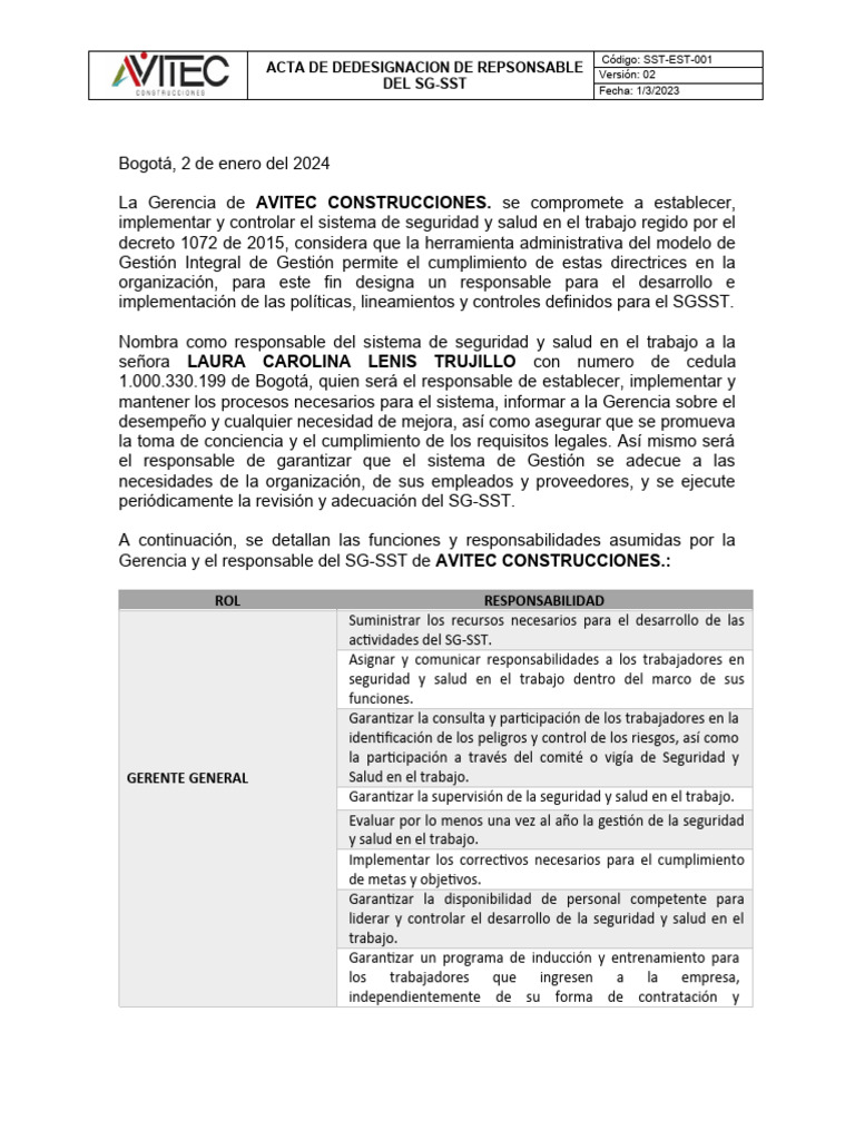 Sst-est-001 Acta de Designacion de Responsable Del Sg-sst | Descargar gratis PDF | Valores ...