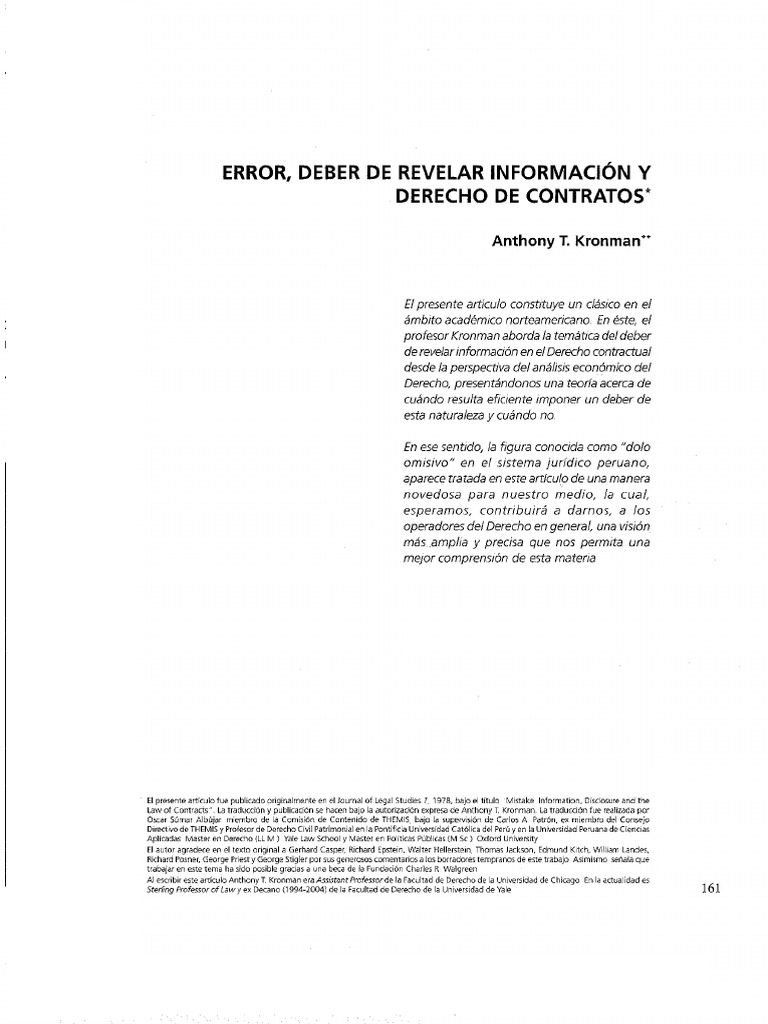 Kronman. Error Deber de Revelar Informacion y Derecho de Contratos | PDF | Conocimiento