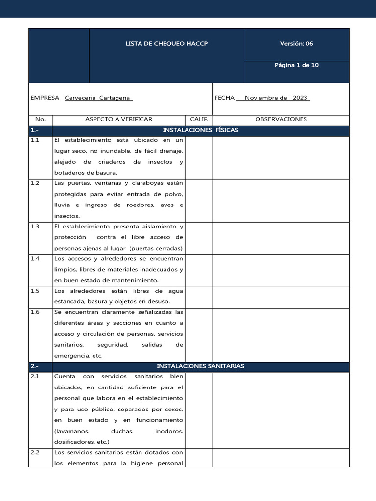 LISTA INSPECCIÓN HACCP(1) | Descargar gratis PDF | Alimentos | Análisis de Riesgo y Puntos ...