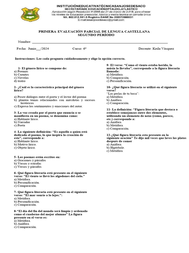 Examen de Español 6to II PERIODO. | PDF | Metáfora