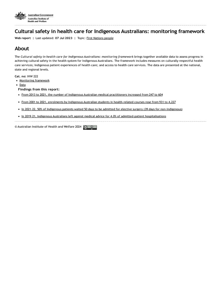 Cultural Safety in Health Care For Indigenous Australians Monitoring ...
