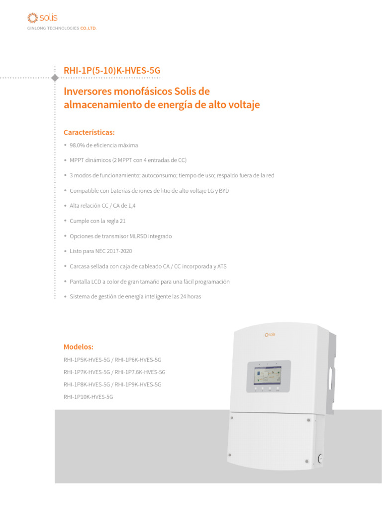 Solis_datasheet_RHI-1P(5-10)K-HVES-5G_MEX_V1,0_2024_01 | Descargar gratis PDF | Energia ...