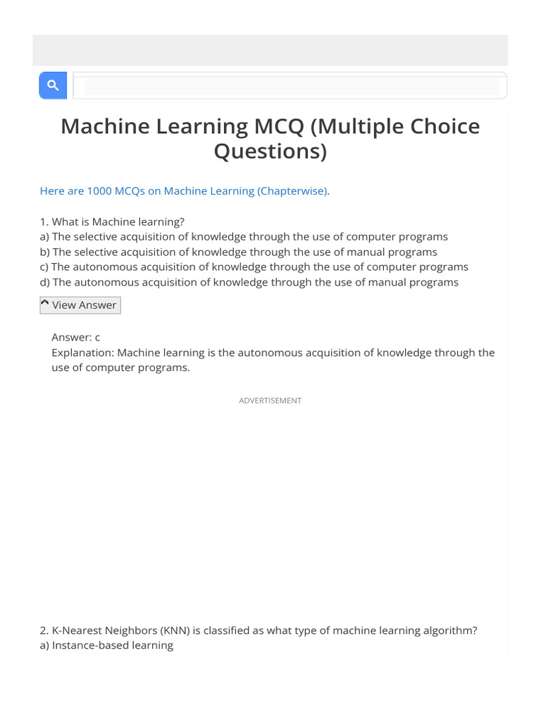 1000 Machine Learning MCQ (Multiple Choice Questions) - Sanfoundry ...