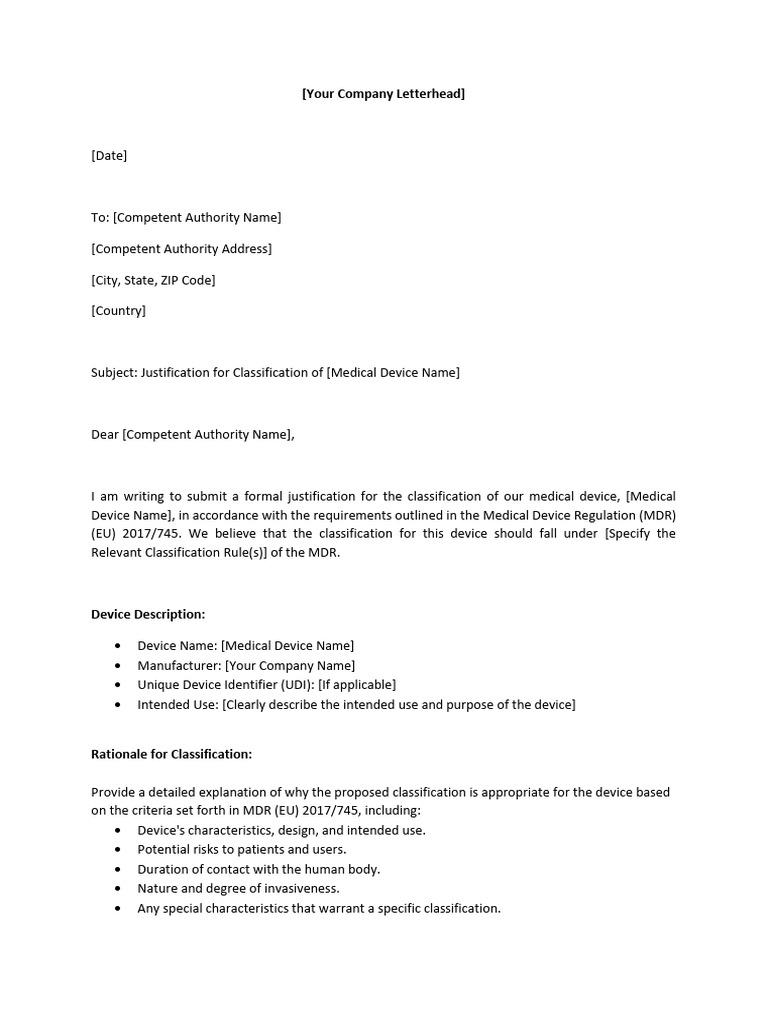 Justification Letter For Classification of MDs | PDF | Medical Device ...