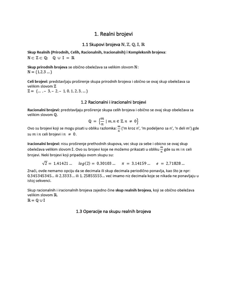 Realni Brojevi: 1.1 Skupovi Brojeva | PDF