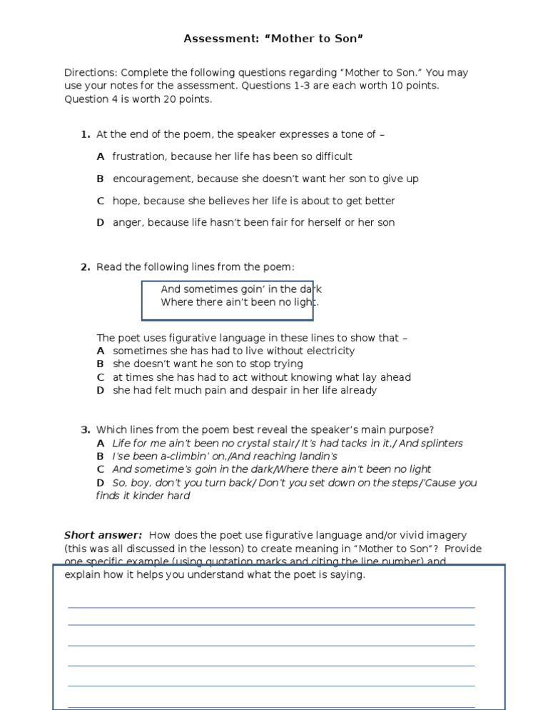 Assessment - Mother To Son | PDF