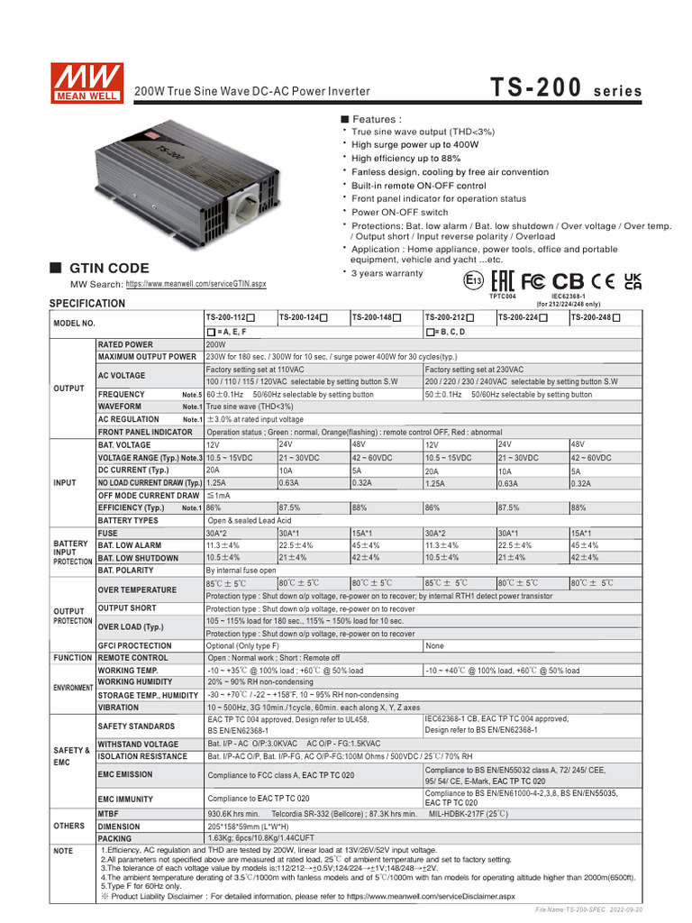 TS 200 Spec | PDF | Power Inverter | Electrical Equipment