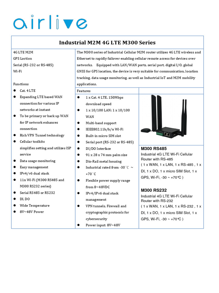 M2M 4G LTE M300 Series Datasheet | PDF | I Pv6 | 4 G