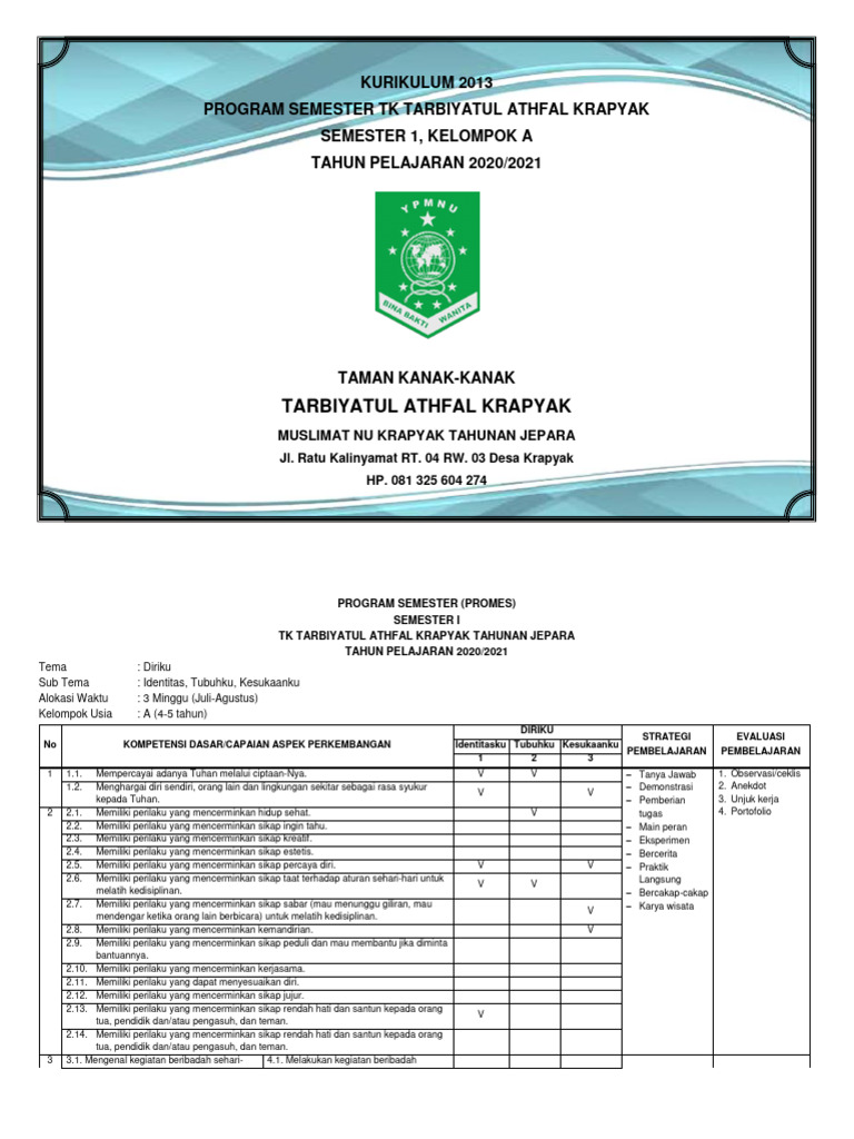 Program Semester TK 2020/2021 Jepara | PDF