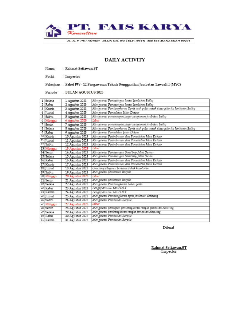 Laporan Harian (Rahmat Setiawan, ST) Agt-Nov | PDF