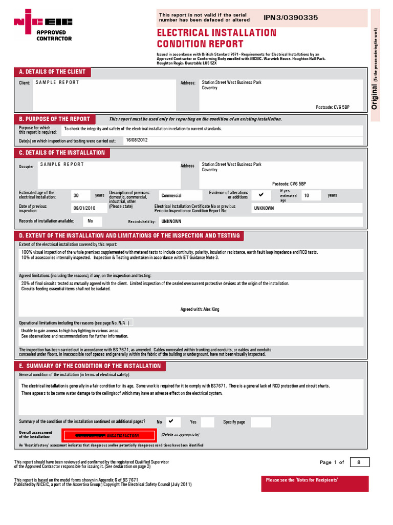 EICR Sample | PDF | Electrical Wiring | Electromagnetism