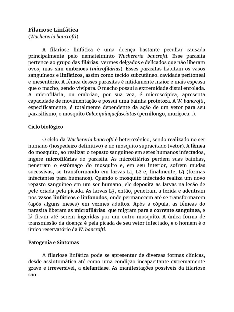 Filariose Linfática: Causas e Sintomas | PDF | Inflamação | Sistema ...