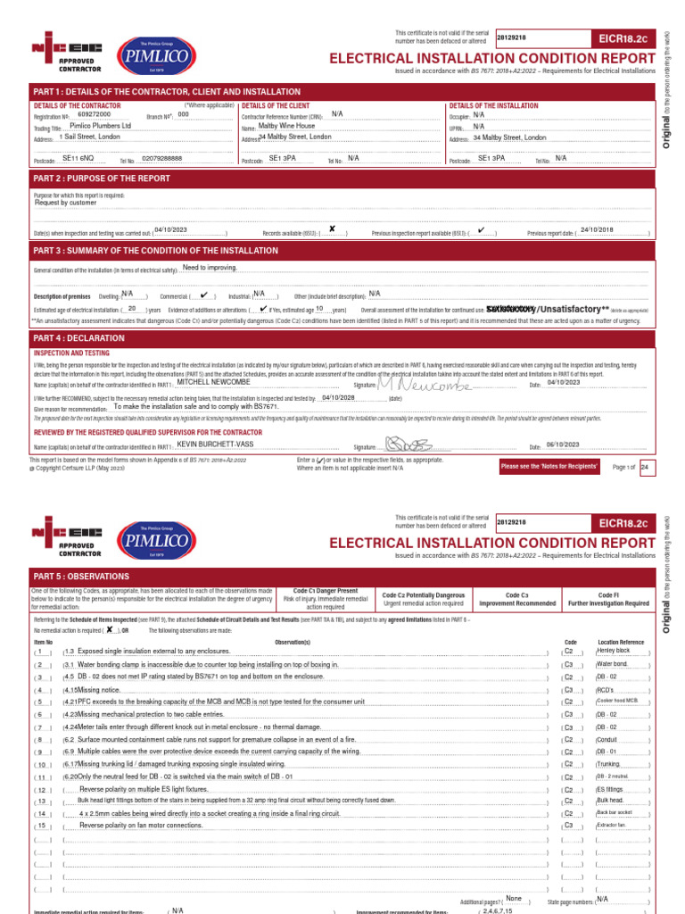 Electrical Installation Certificate - SE1 3PA | PDF | Electrical Wiring ...