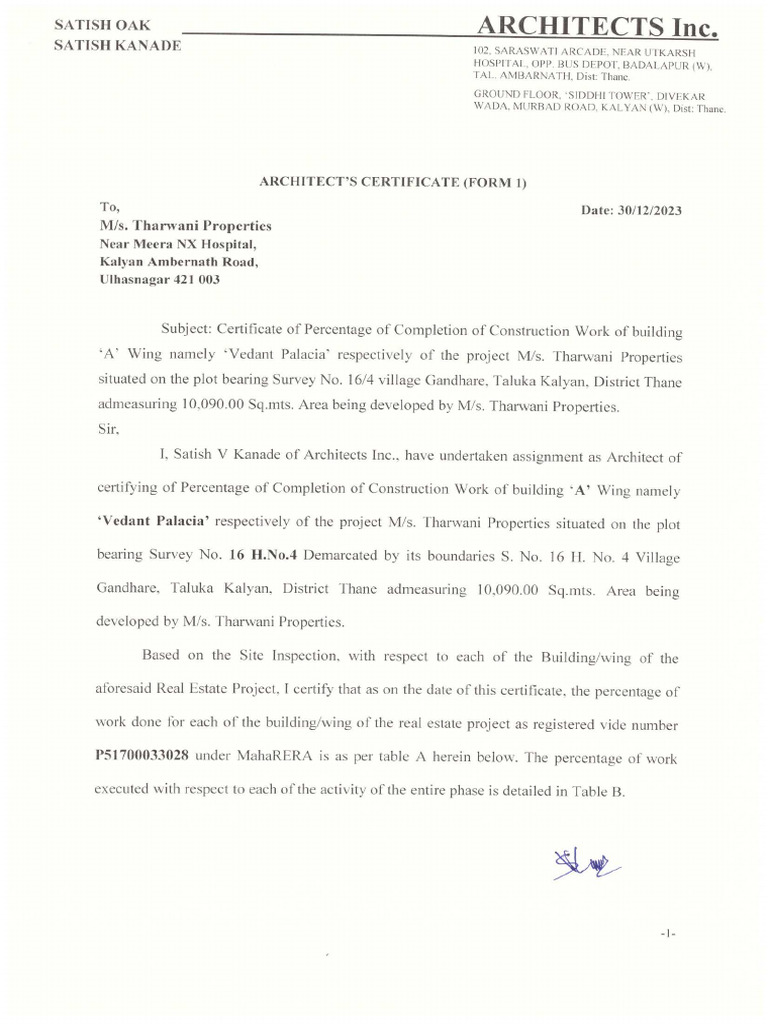 6 Architect’s Certificate of Percentage of Completion of Work (Form 1) | PDF