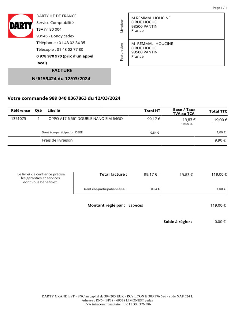 Facture Darty PDF | PDF | Business | Jargon d'entreprise
