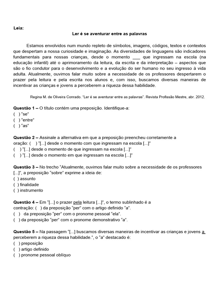 Atividade de Portugues Preposicao No Texto Sobre A Leitura | PDF