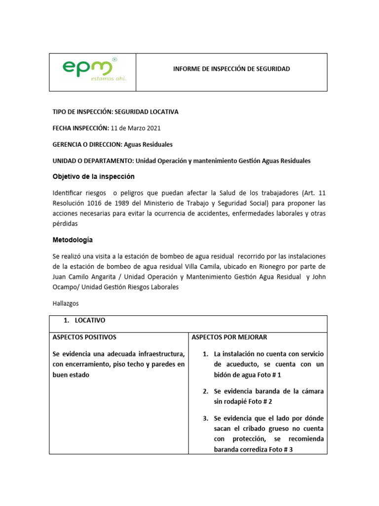 Informe de Inspeccion de Seguridad Ebar Villa Camila | PDF