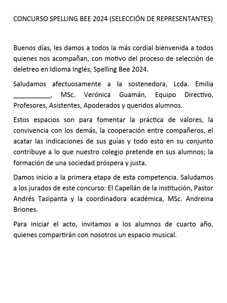 Concurso Spelling Bee 2024: Reglas y Participantes | PDF