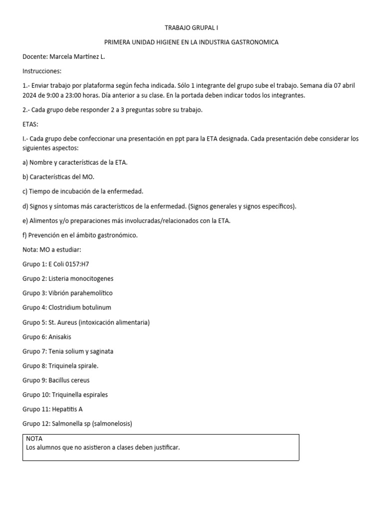 TRABAJO GRUPAL I (Etas) Higiene 2024 | PDF
