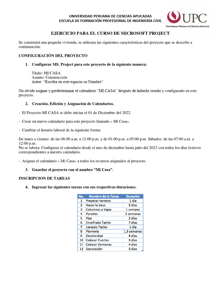 Ejercicio Del Curso de Ms Project | PDF | Calendario