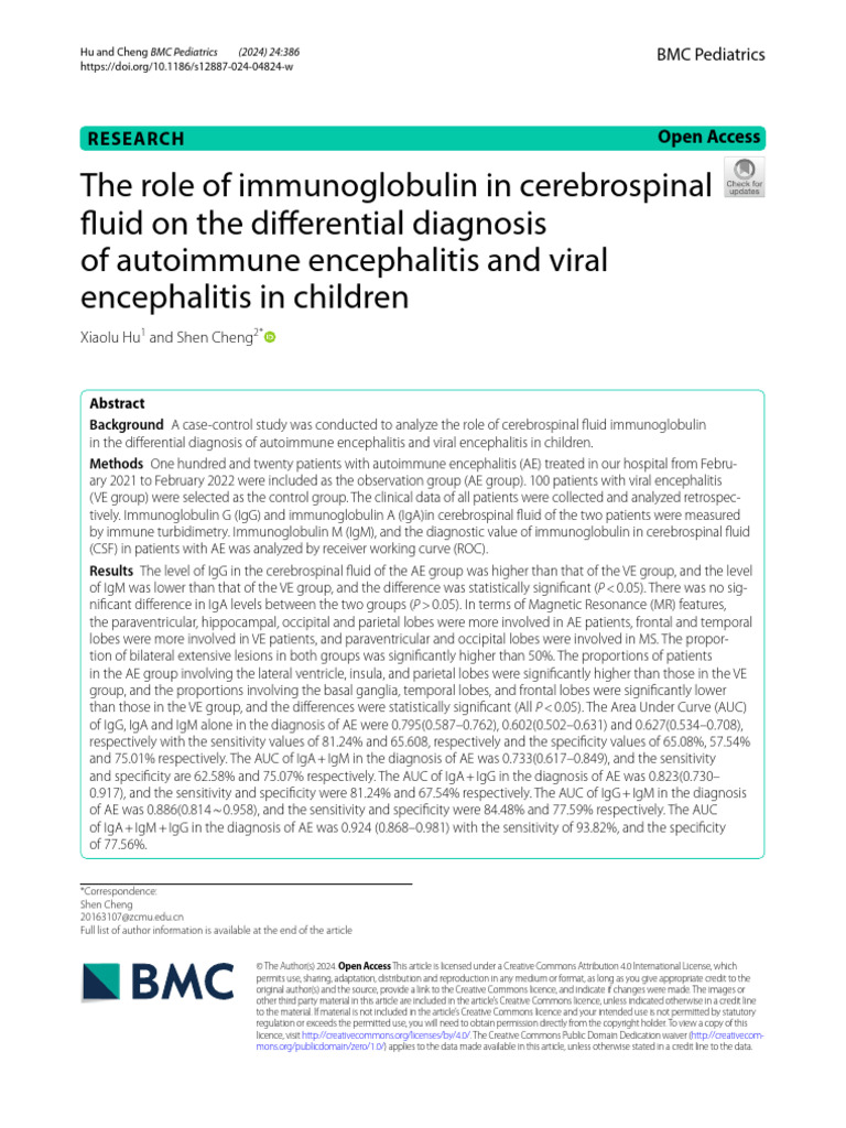 The Role of Immunoglobulin in Cerebrospinal Fluid On The Differential Diagnosis of Autoimmune ...