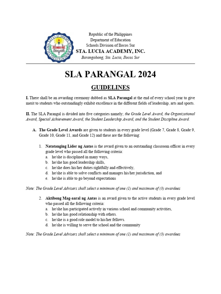 Revised Guidelines For SLA Parangal 23 24 | Download Free PDF | Disciplines