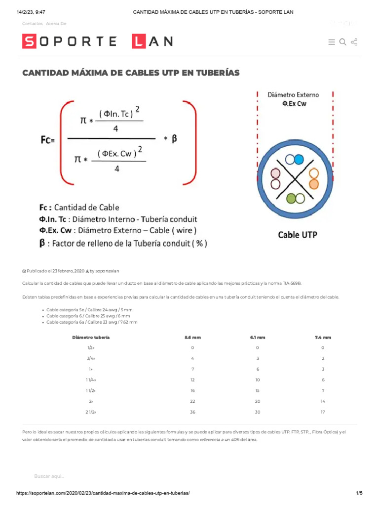 Cantidad Máxima de Cables Utp en Tuberías - Soporte Lan | PDF | Telecomunicaciones | Tecnología ...