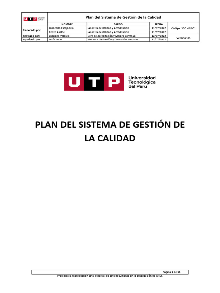 Plan Del Sistema de Gestión de La Calidad | PDF | Sistema de manejo de calidad | Gestión de la ...