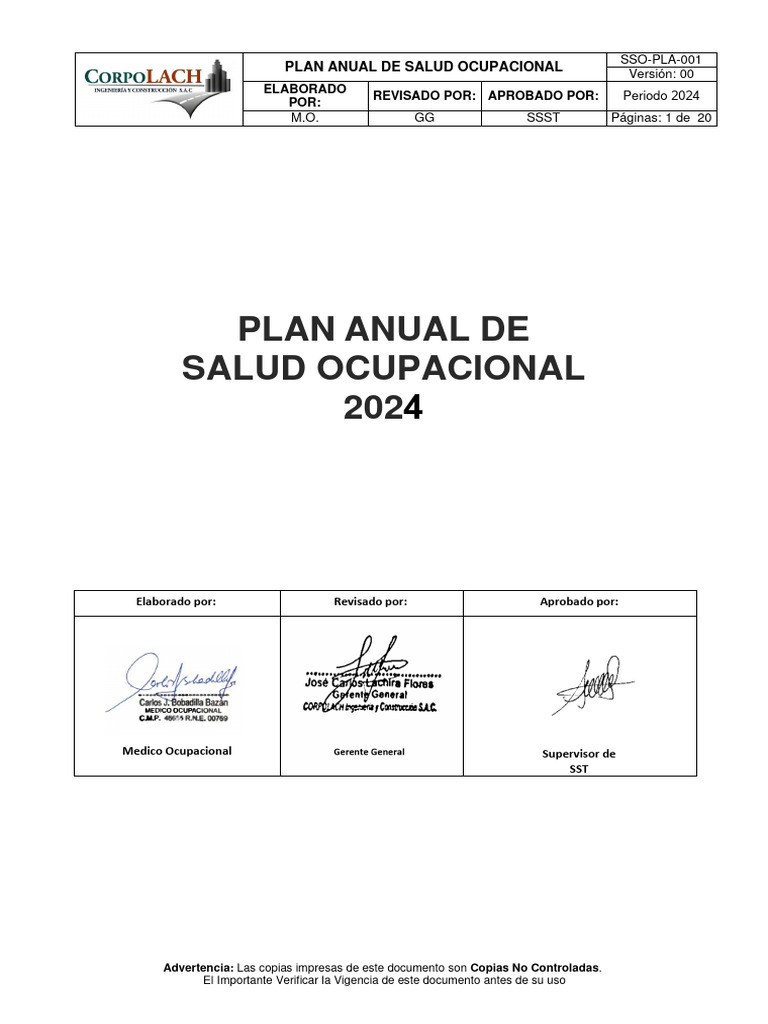 Plan Anual de Salud Ocupacional 2024 | PDF | Seguridad y salud ocupacional | Riesgo