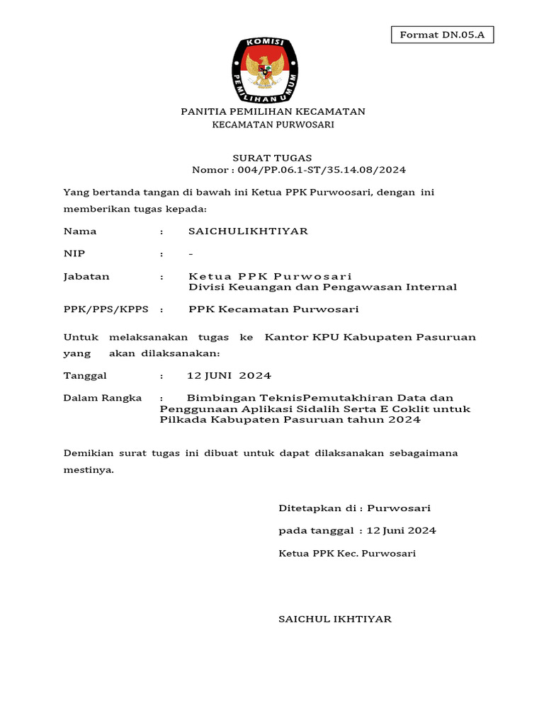 Surat Tugas PPK Purwosari | PDF