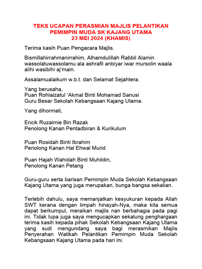 Teks Ucapan Perasmian Majlis Pelantikan Pemimpin Muda SK Kajang Utama | PDF