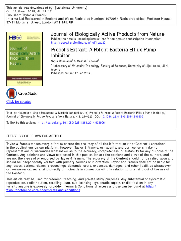 Sagia 2014 ) Propolis Extract a Potent Bacteria Efflux Pump Inhibitor ...