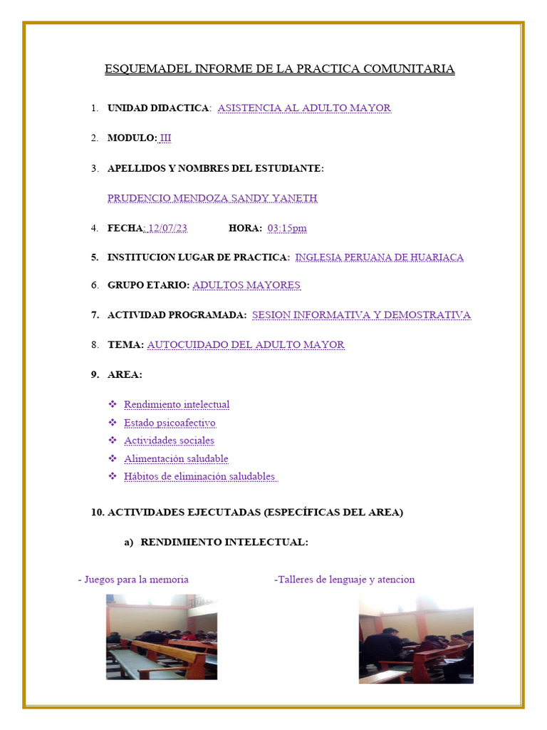 ESQUEMADEL INFORME DE LA PRACTICA COMUNITARIA Sandy | PDF