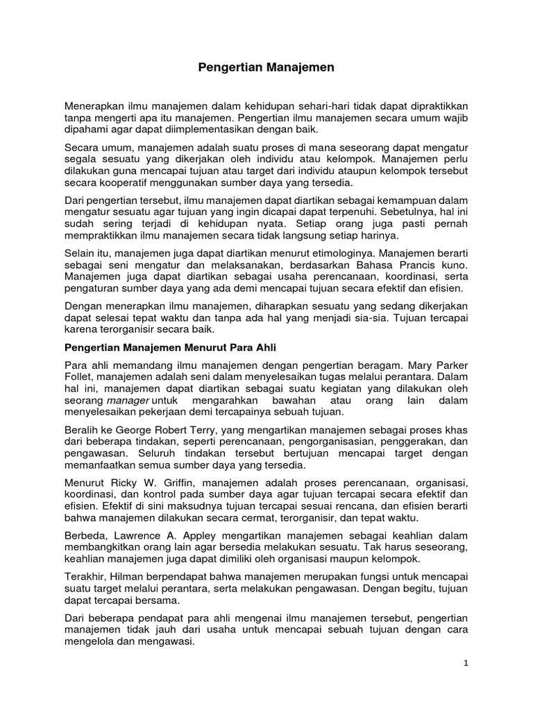 Manajemen, Pengertian, Unsur Fungsi Dan Jenis | PDF