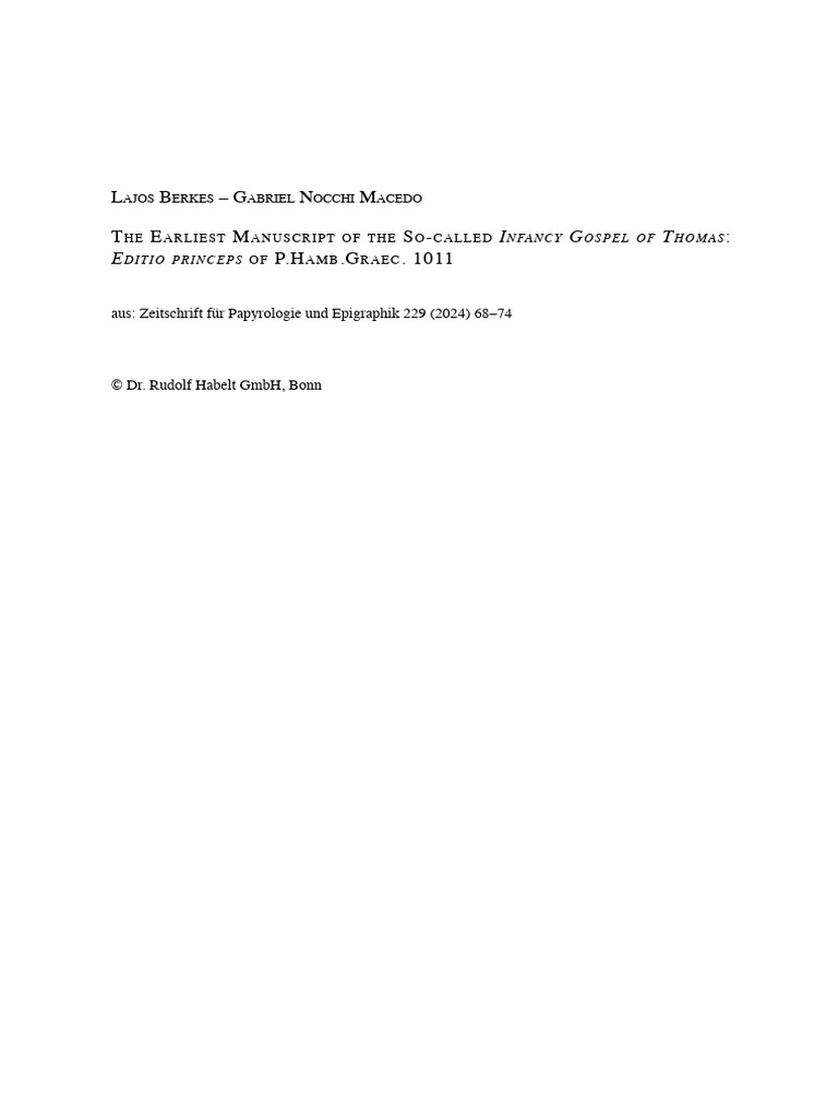 The Earliest Manuscript of The So-Called Infancy Gospel of Thomas | PDF ...