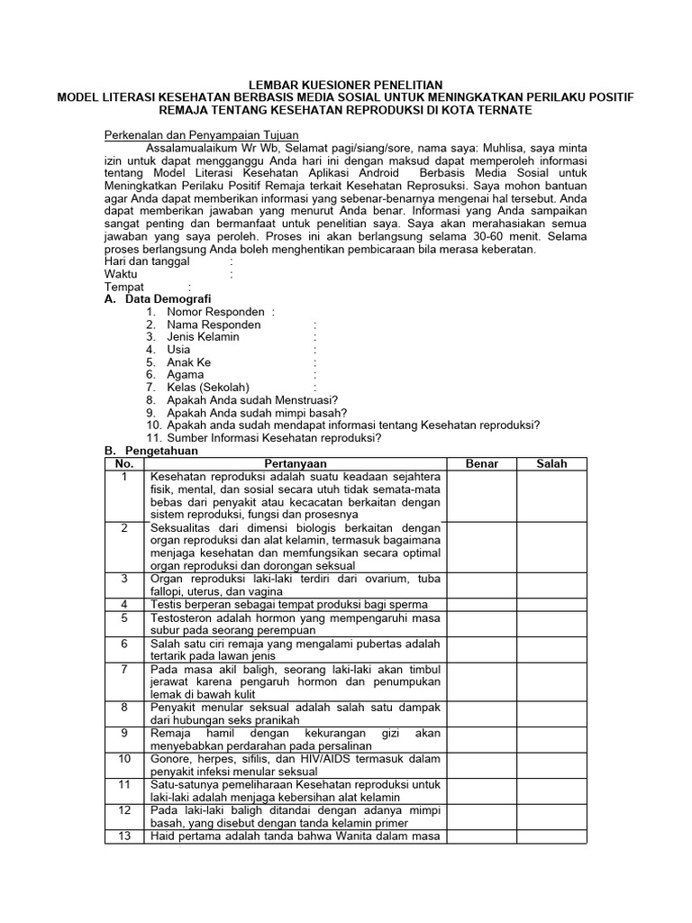 Lembar Kuesioner Penelitian Model Litera | PDF