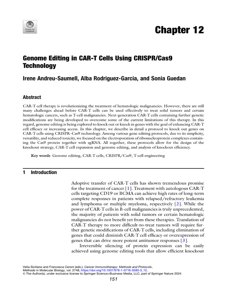 Genome Editing in CART Cells Using CRISPRCas9 TechnologyMethods in ...