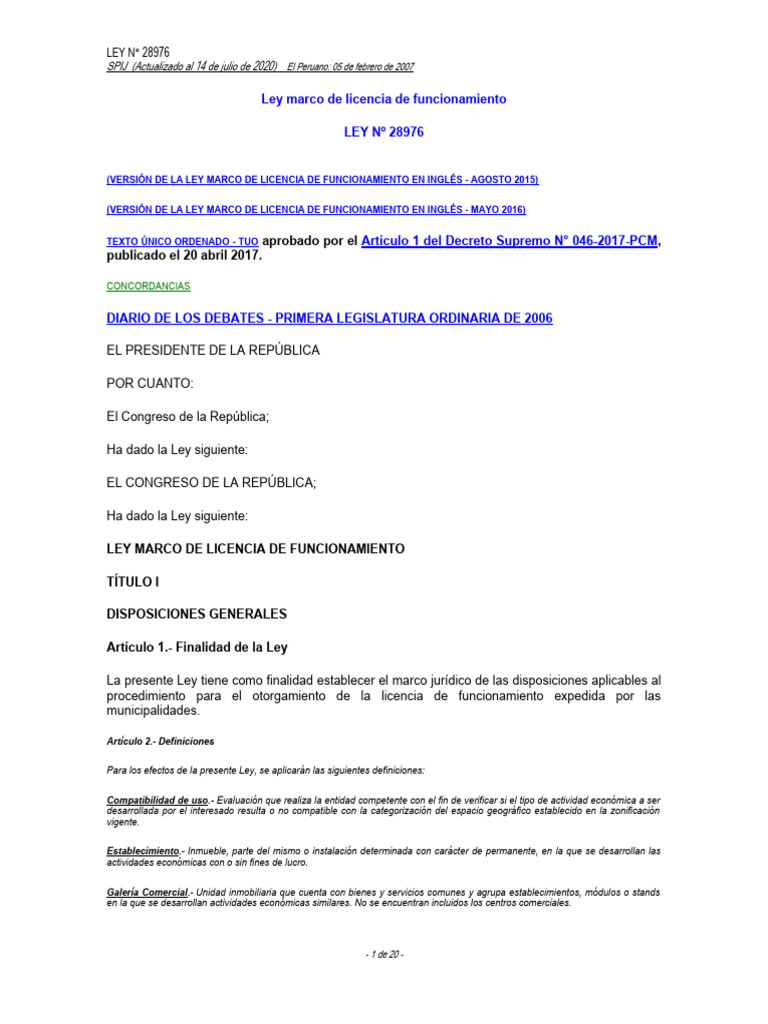 01. ley N 28976 Ley Marco de Licencia de Funcionamiento (2) | PDF | Documento de identidad ...