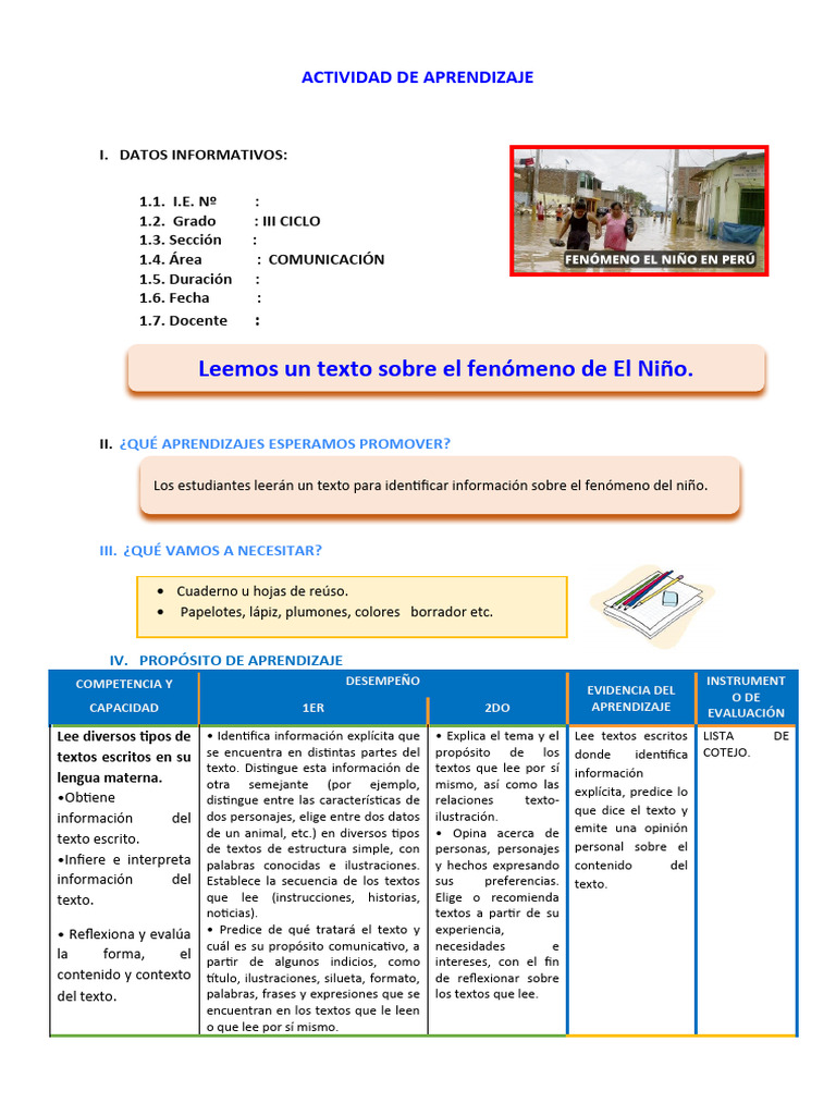 D3 A2 SESIÓN COM. Leemos Un Texto Sobre El Fenómeno de El Niño. | PDF | Evaluación | Aprendizaje