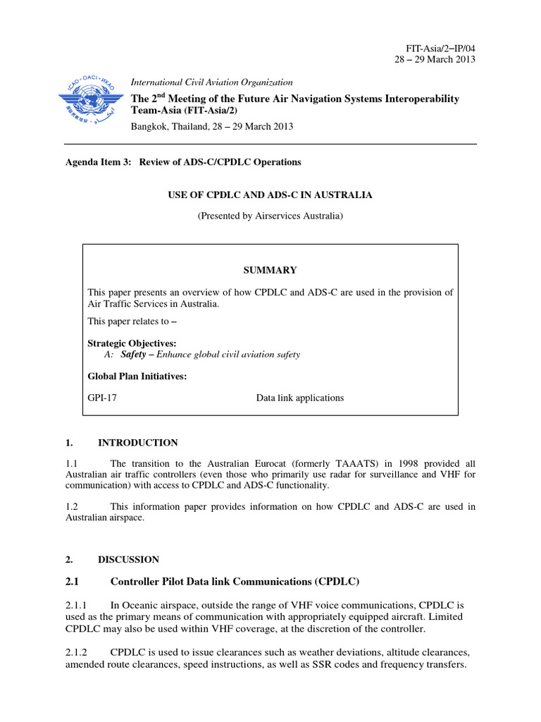 IP04 Use of CPDLC ADS-C in Australia | PDF | Air Traffic Control | Aviation