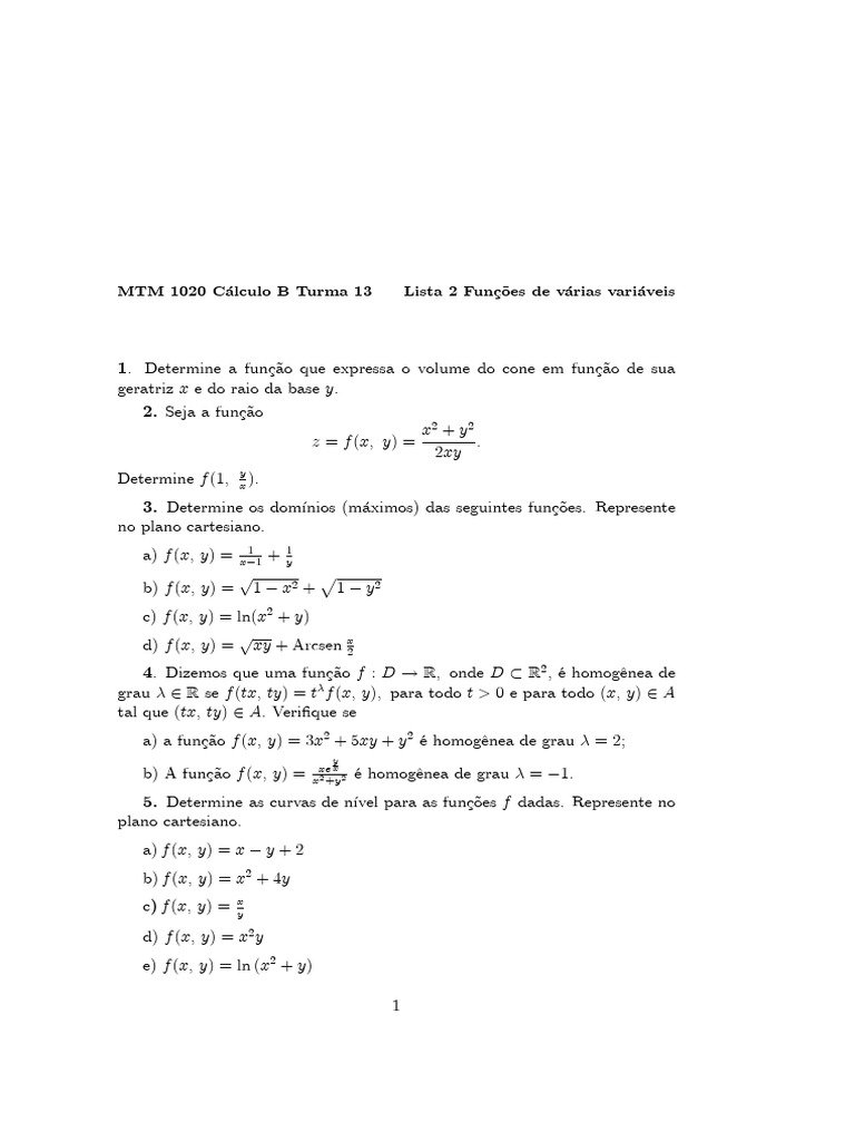 Lista de Exercicios - Funcoes de Varias Variaveis | Download grátis PDF ... Lista de Exercicios - Funcoes de Varias Variaveis | Download grátis PDF ...