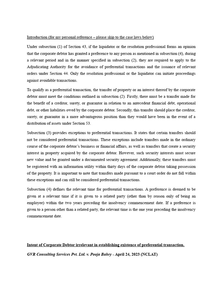 Preferential Transaction IBC | PDF | Bankruptcy | Surety