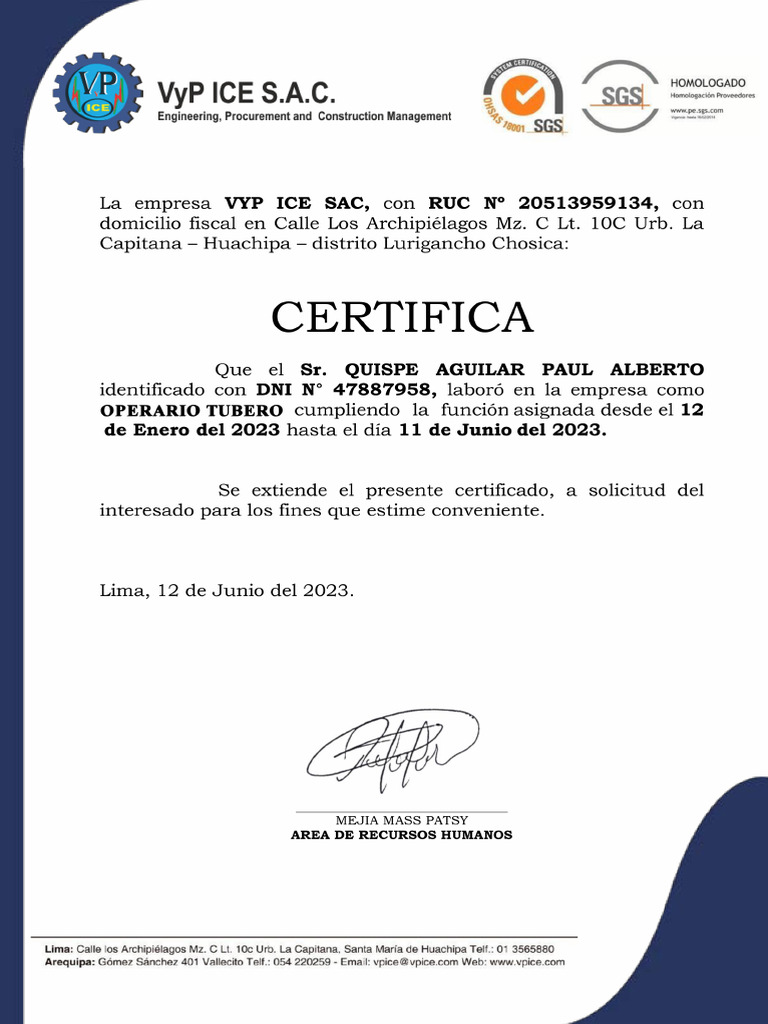 04.certificado de Trabajo - Vyp Ice-1 | PDF