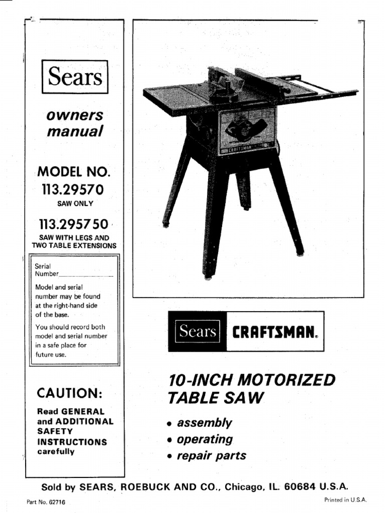 Craftsman 113.29570 Table Saw Manual | PDF | Manufactured Goods | Equipment