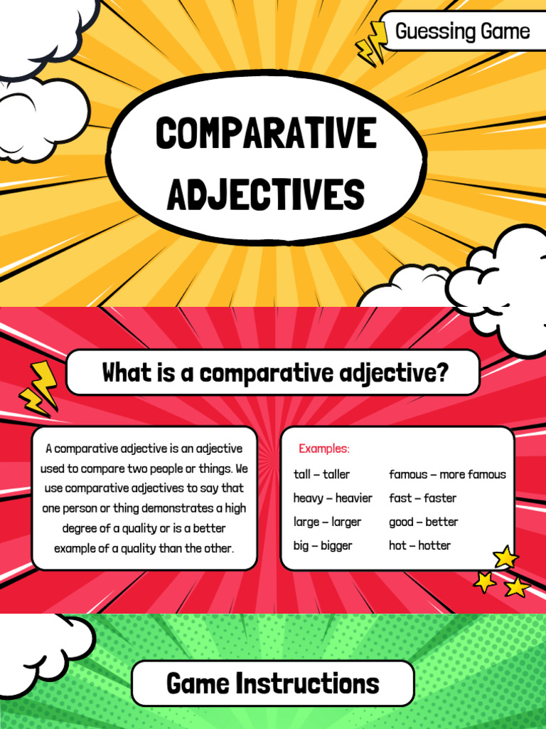 Colorful Comic Illustrative Comparative Adjectives Guessing Game | PDF