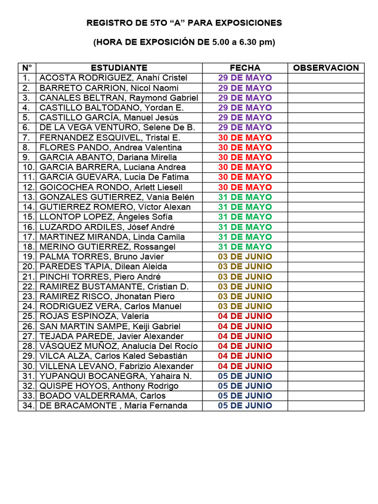 Registro de 5to Año de Secundaria para Exposiciones | PDF