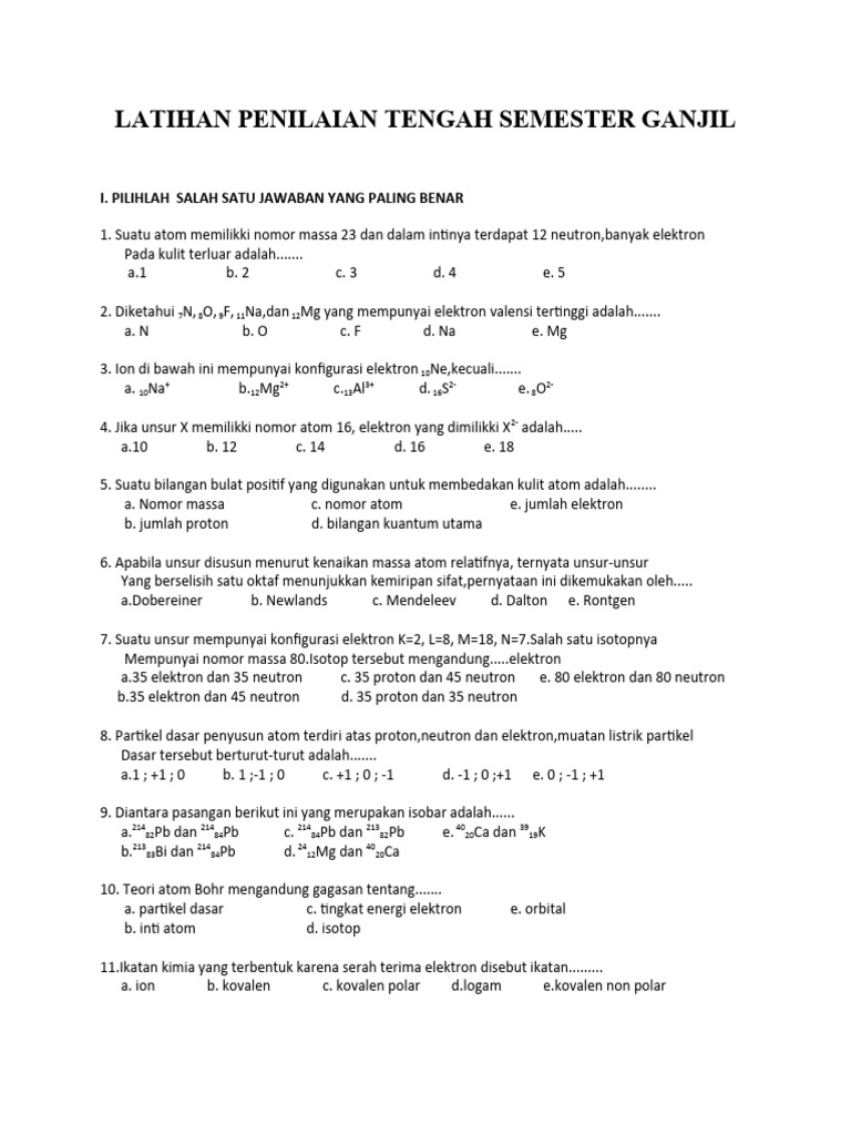 Latihan PTS Ganjil Kimia X-22324 | PDF