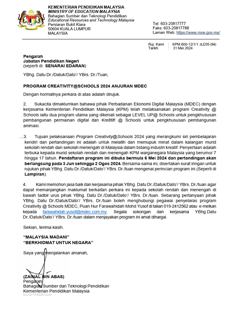 Surat Hebahan Program Creativity@school 2024 DDMS3594 | PDF